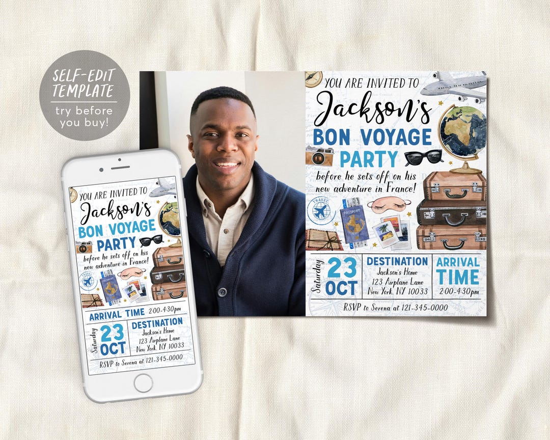 Bon Voyage Party Invitation With Photo Editable Template, Going Away ...