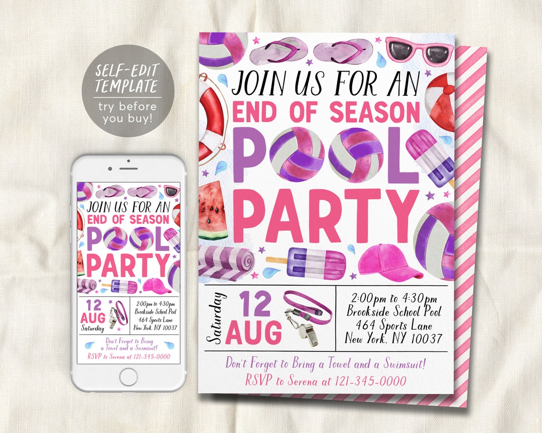 Volleyball Pool Party Invitation Editable Template, Volleyball End of ...