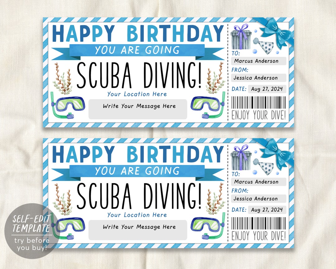 Scuba Diving Ticket Editable Template, Surprise Snorkeling Experience ...