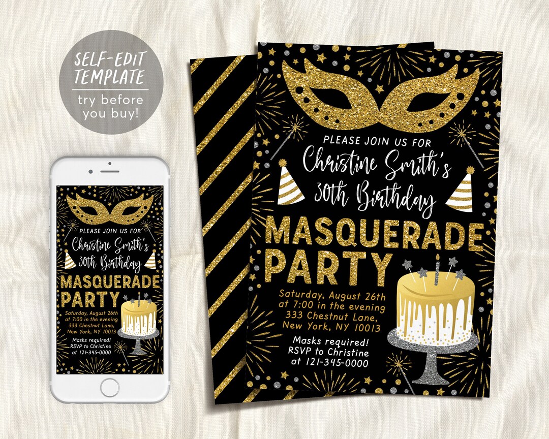 Masquerade Birthday Invitation Editable Template, 30th Birthday Mask ...