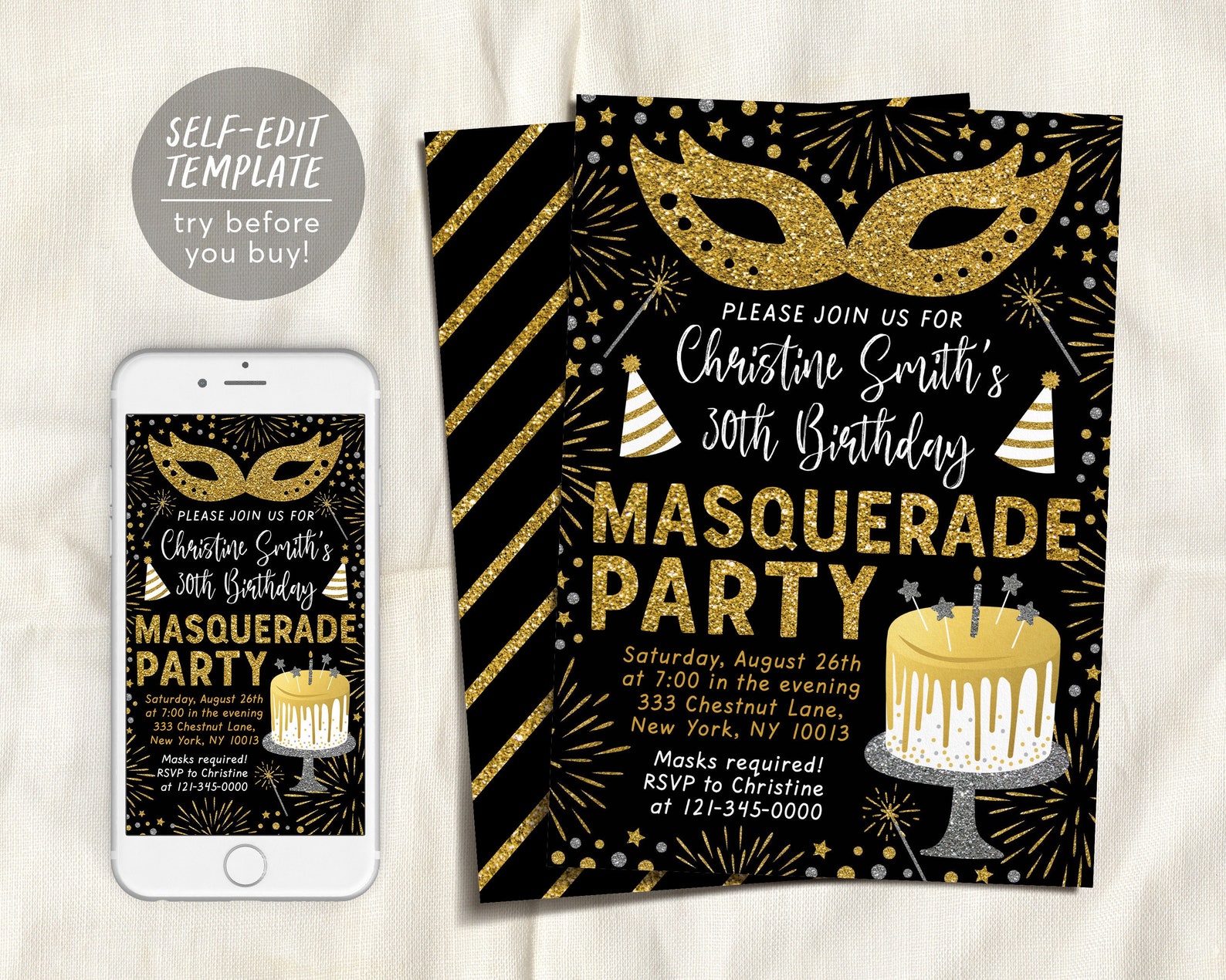 Masquerade Birthday Invitation Editable Template 30th - Etsy