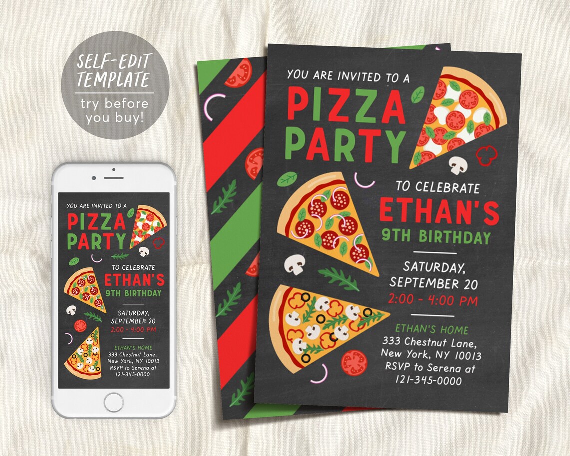 Editable Pizza Birthday Party Invitation Template Chalkboard | Etsy