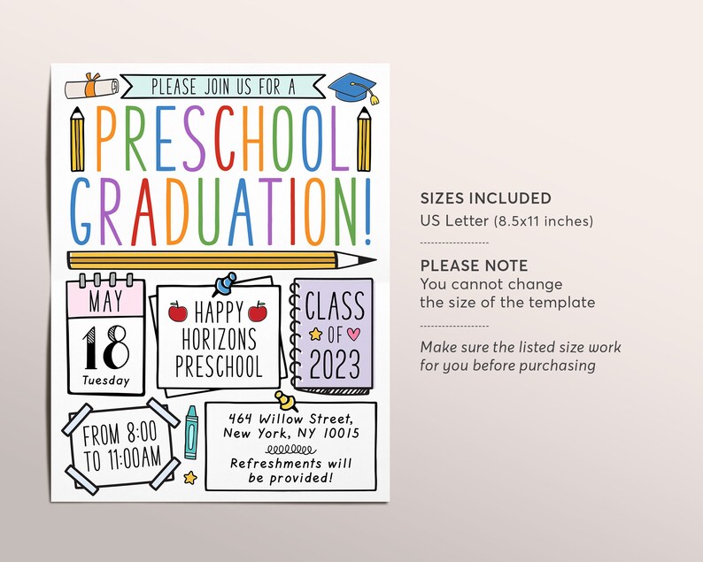 Preschool Graduation Invitation Flyer Editable Template Pre-k - Etsy