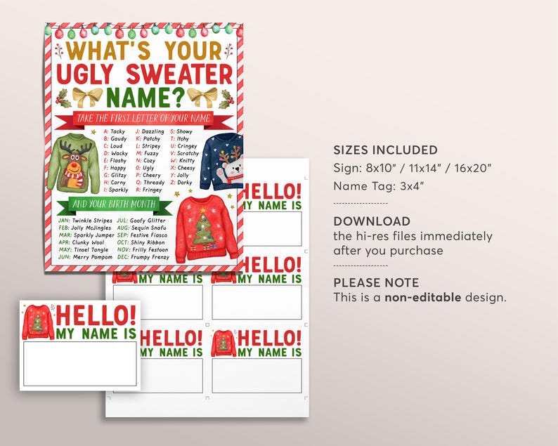 What's Your Ugly Sweater Name Game, Christmas Ugly Sweater Party Game ...