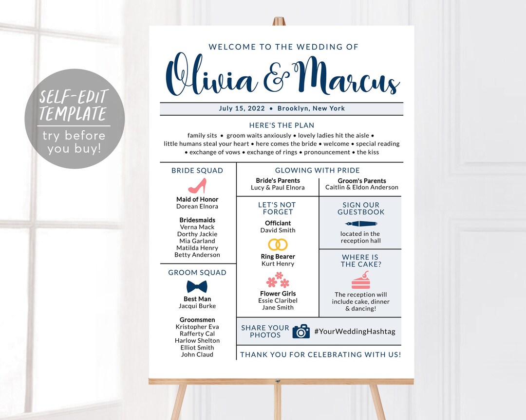 Editable Wedding Program Sign Template, Modern Infographic Wedding ...