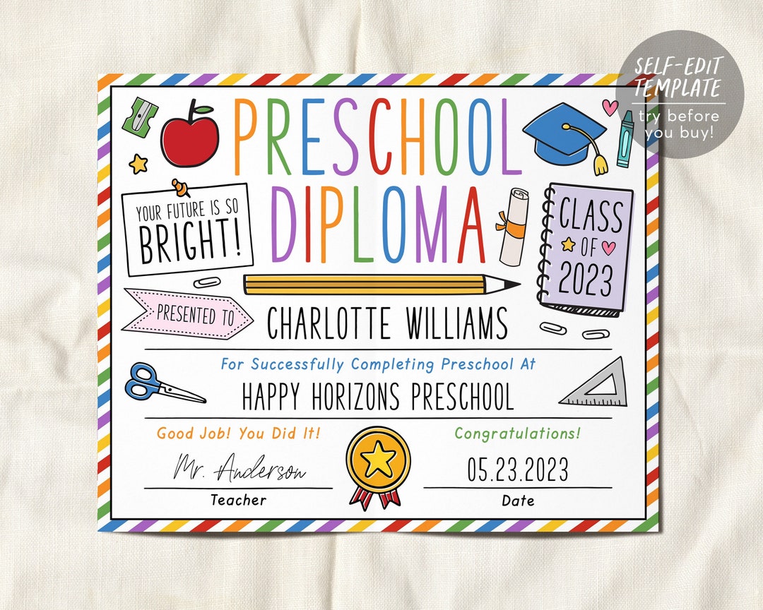Preschool Graduation Diploma Editable Template, Prek Pre-k Kindergarten ...