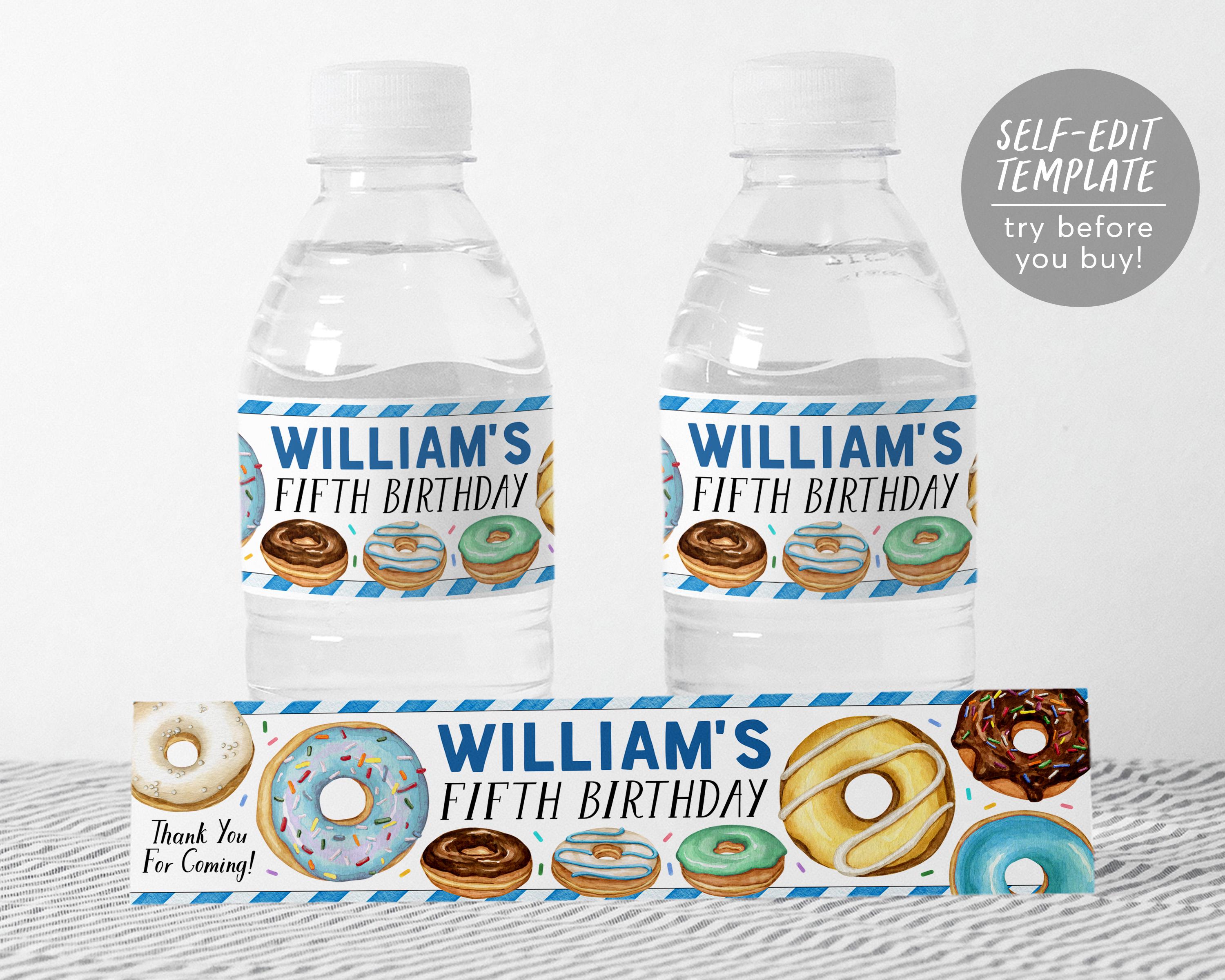 Donut Water Bottle Labels Editable Template, Blue Boy Donuts Birthday ...