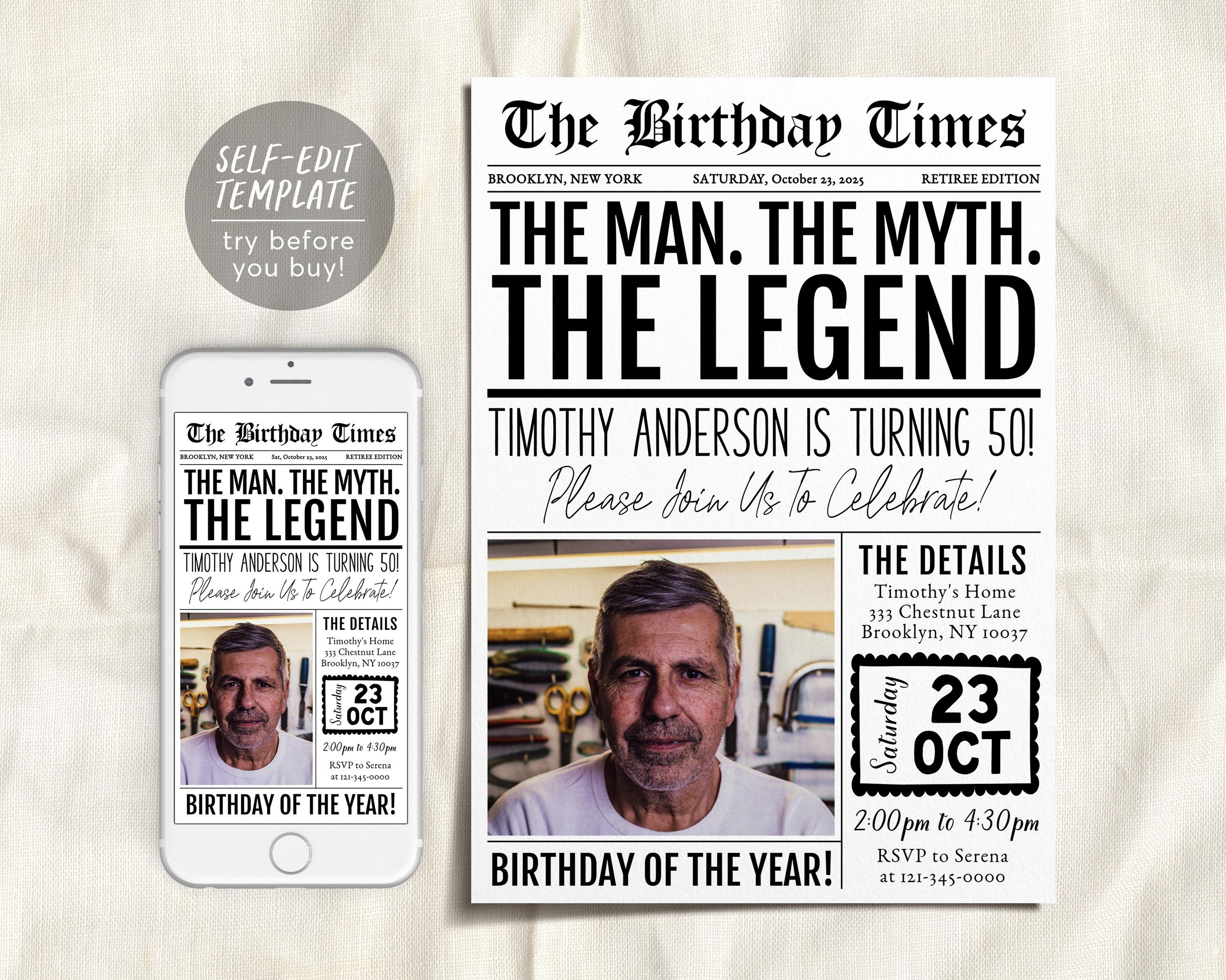 The Man the Myth the Legend Birthday Invitation Editable Template ...