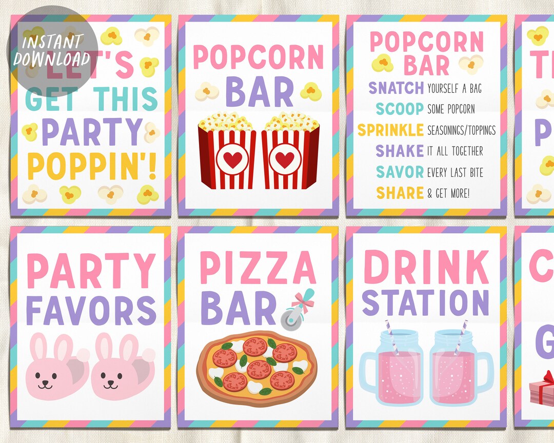 Pizza Popcorn and Pajamas Party Signs BUNDLE for Birthday, Popcorn Bar ...