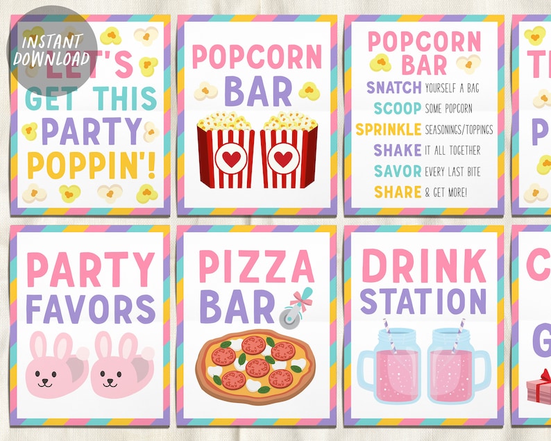 Pizza Popcorn and Pajamas Party Signs BUNDLE for Birthday - Etsy