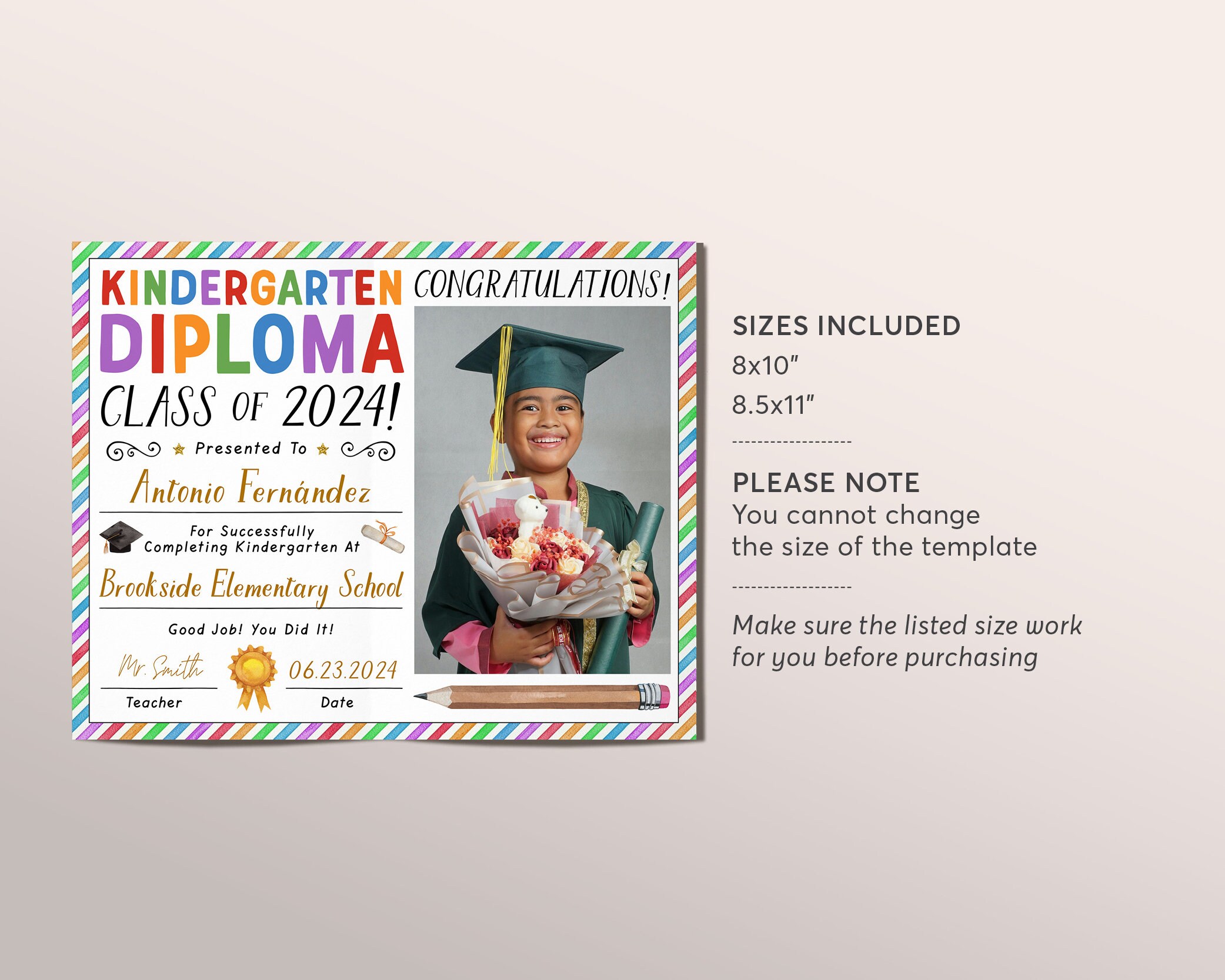 Kindergarten Graduation Diploma With Photo Editable Template ...