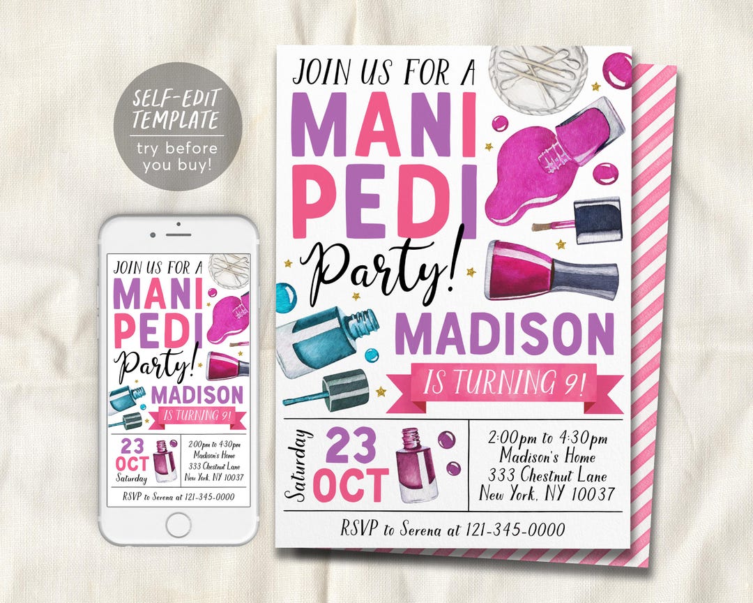 Mani Pedi Birthday Party Invitation Editable Template, Manicure ...