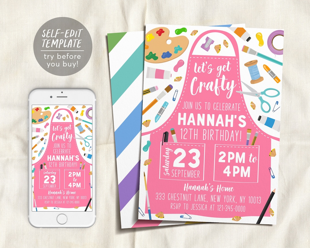 Craft Birthday Party Invitation Editable Template, Summer Craft Art ...