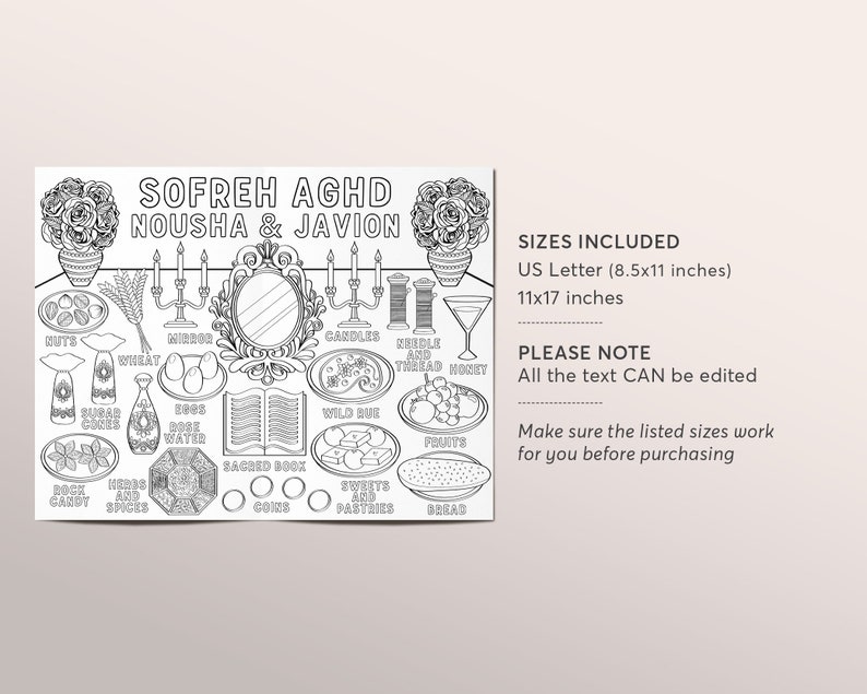 Sofreh Aghd Coloring Placemat for Kids Editable Template, Persian ...