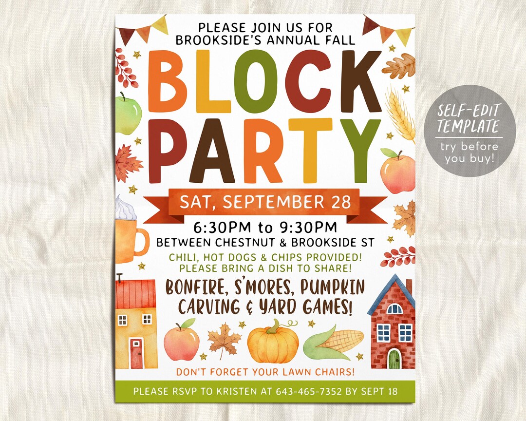 Fall Block Party Flyer Editable Template, Autumn Neighborhood Block ...