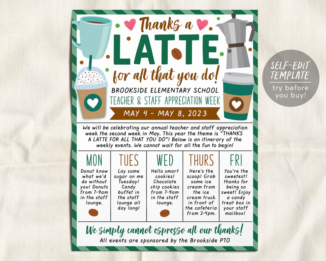 Coffee Theme Teacher Staff Appreciation Week Itinerary Flyer Editable ...