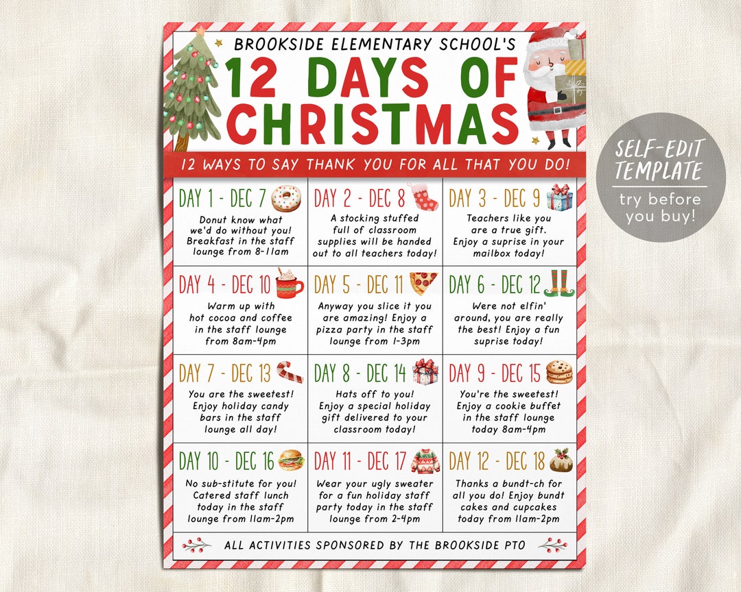 Christmas Holiday Appreciation Flyer Editable Template, 12 Days of ...