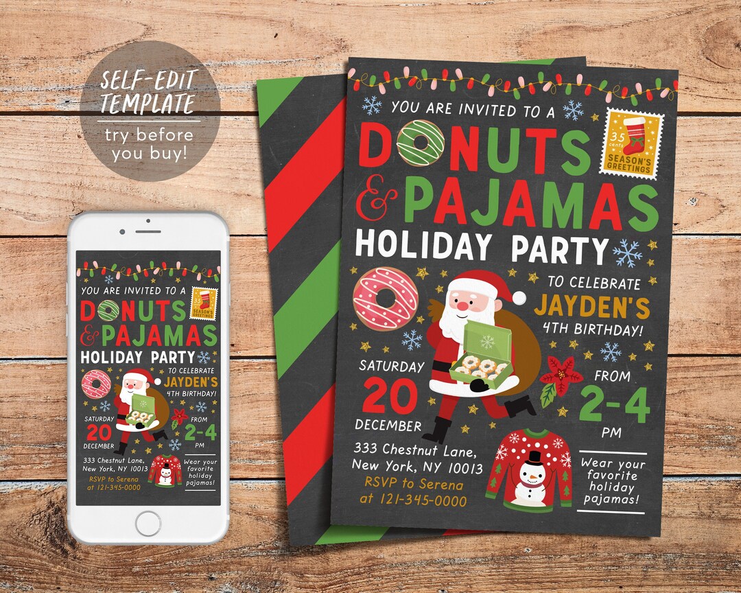 Donuts and Pajamas Party Invitation Editable Template, Holiday Brunch ...