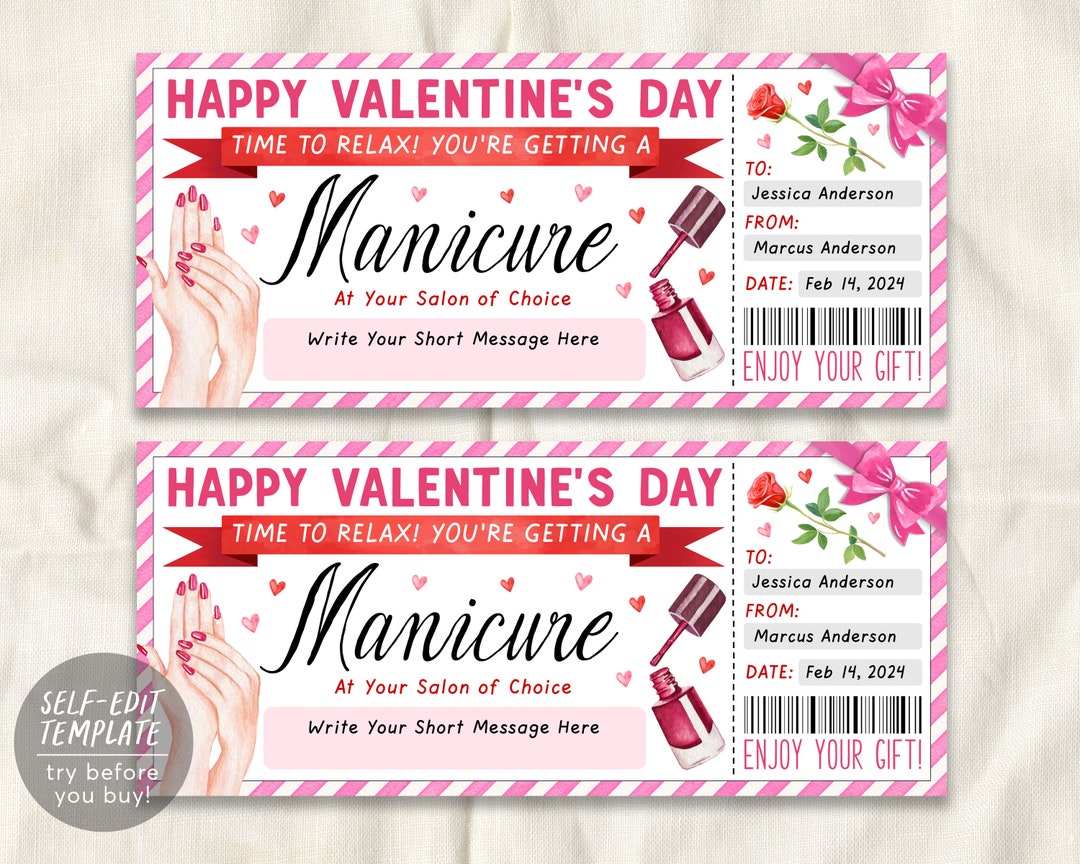 Valentines Day Manicure Ticket Editable Template, Mani Pedi Gift ...