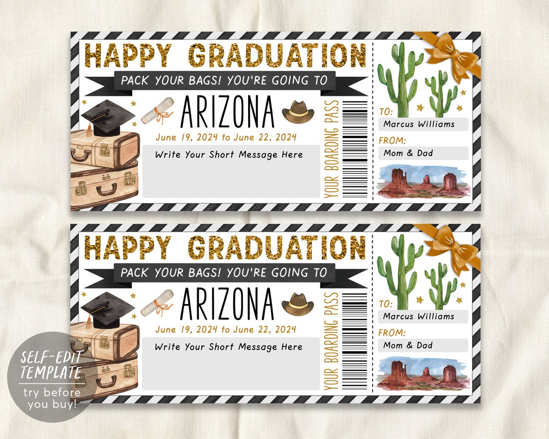 Graduation Arizona Trip Ticket Boarding Pass Editable Template ...
