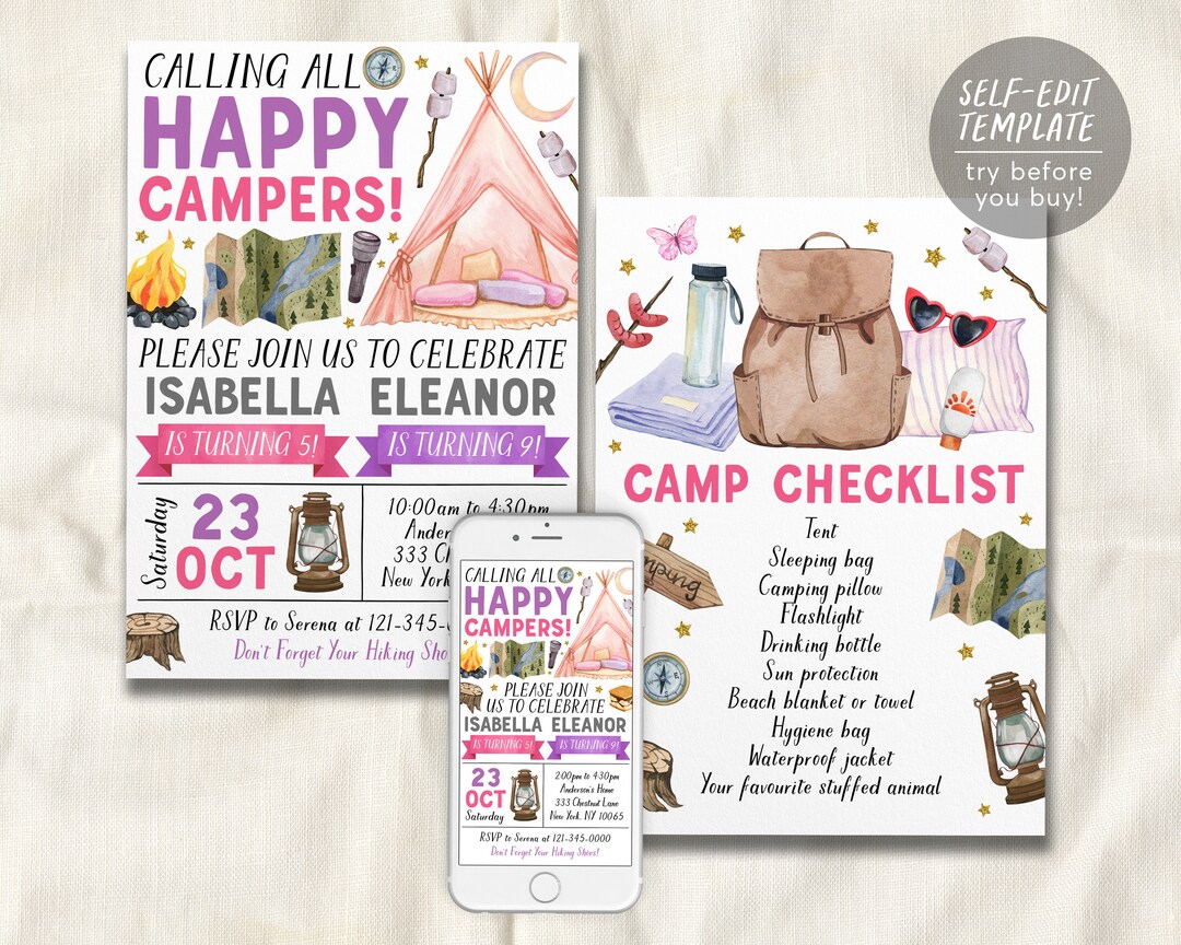 Joint Siblings Camping Birthday Invitation Editable Template, Girl ...