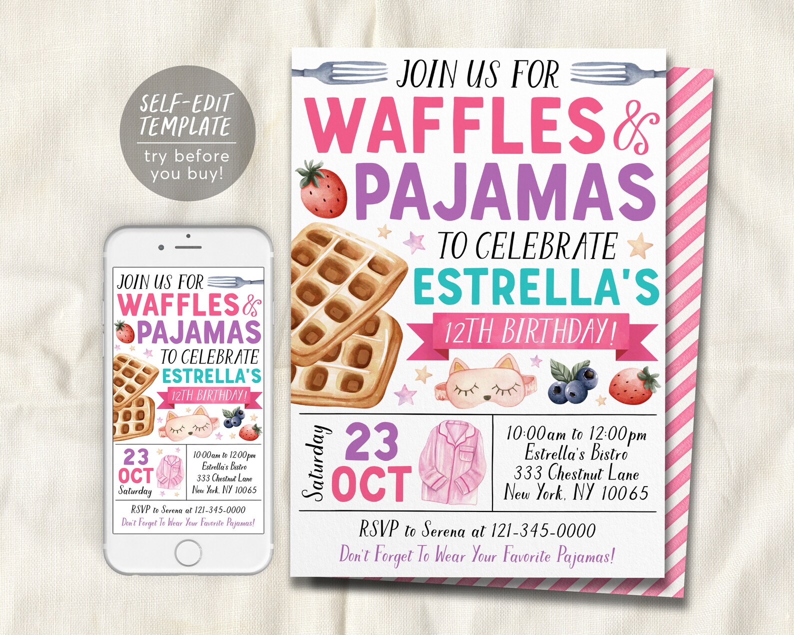 Waffles and Pajamas Birthday Invitation Editable Template, Girl Waffles ...