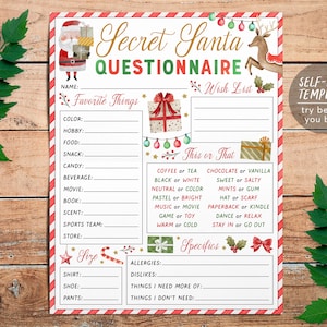 Secret Santa Gift Exchange Questionnaire Editable Template, Holiday ...