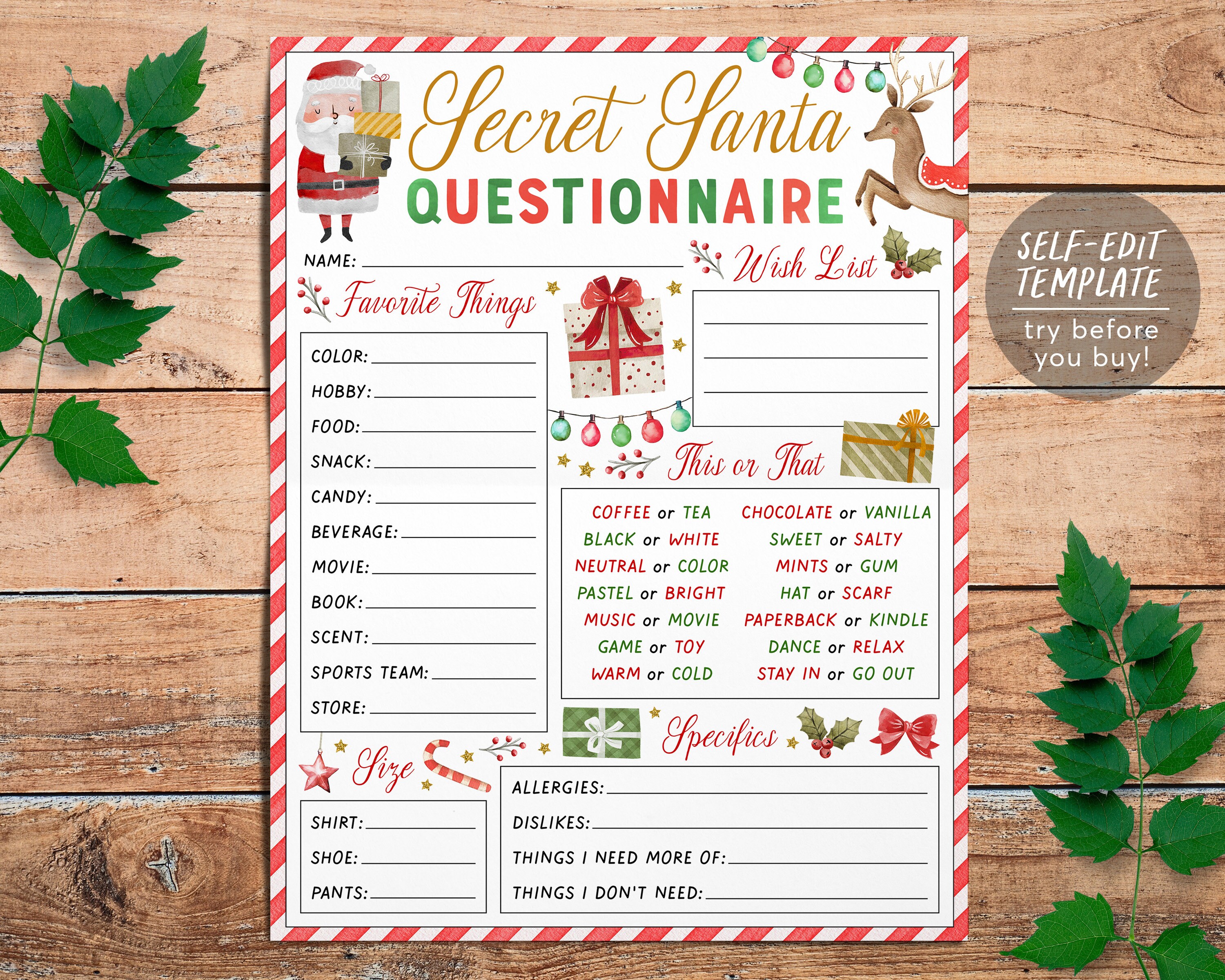 Secret Santa Gift Exchange Questionnaire Editable Template, Holiday ...