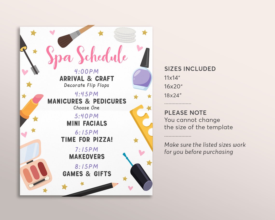 Spa Schedule Sign Editable Template Spa Party Timeline Tween - Etsy