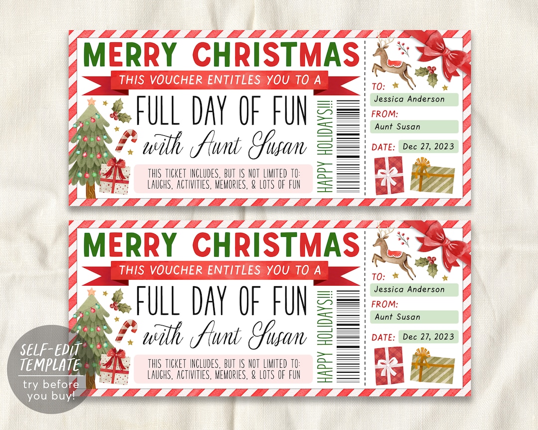 Christmas Fun Day Ticket Editable Template, Surprise Day of Fun With ...