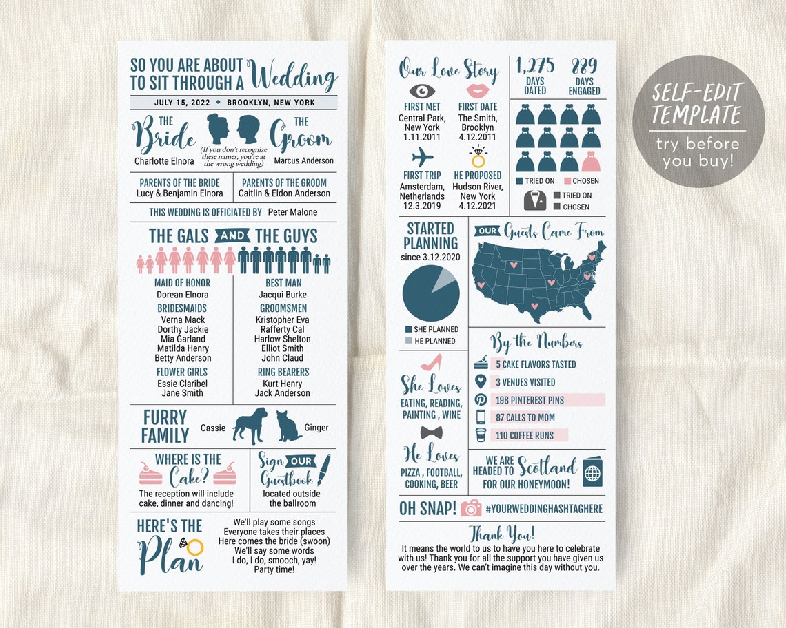 Infographic Wedding Program Editable Template Long Reception - Etsy