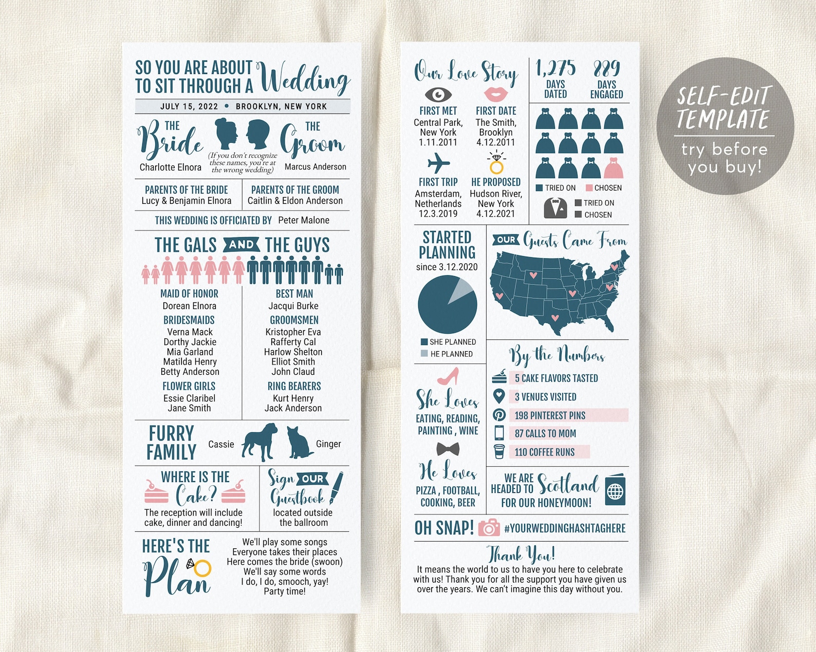 Infographic Wedding Program Editable Template Long Reception - Etsy