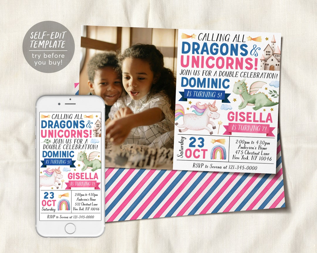 Dragons and Unicorns Joint Siblings Birthday Invitation With Photo ...