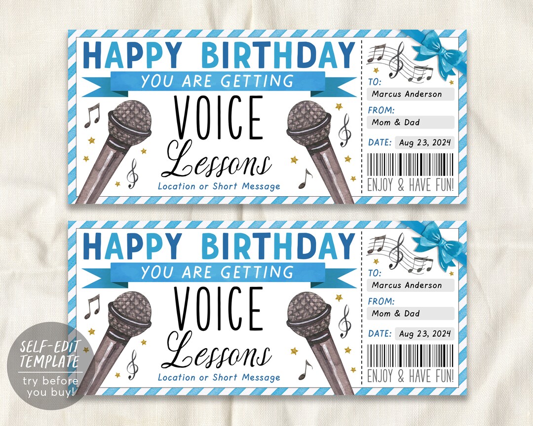 Voice Lessons Gift Certificate Editable Template, Birthday Singing ...