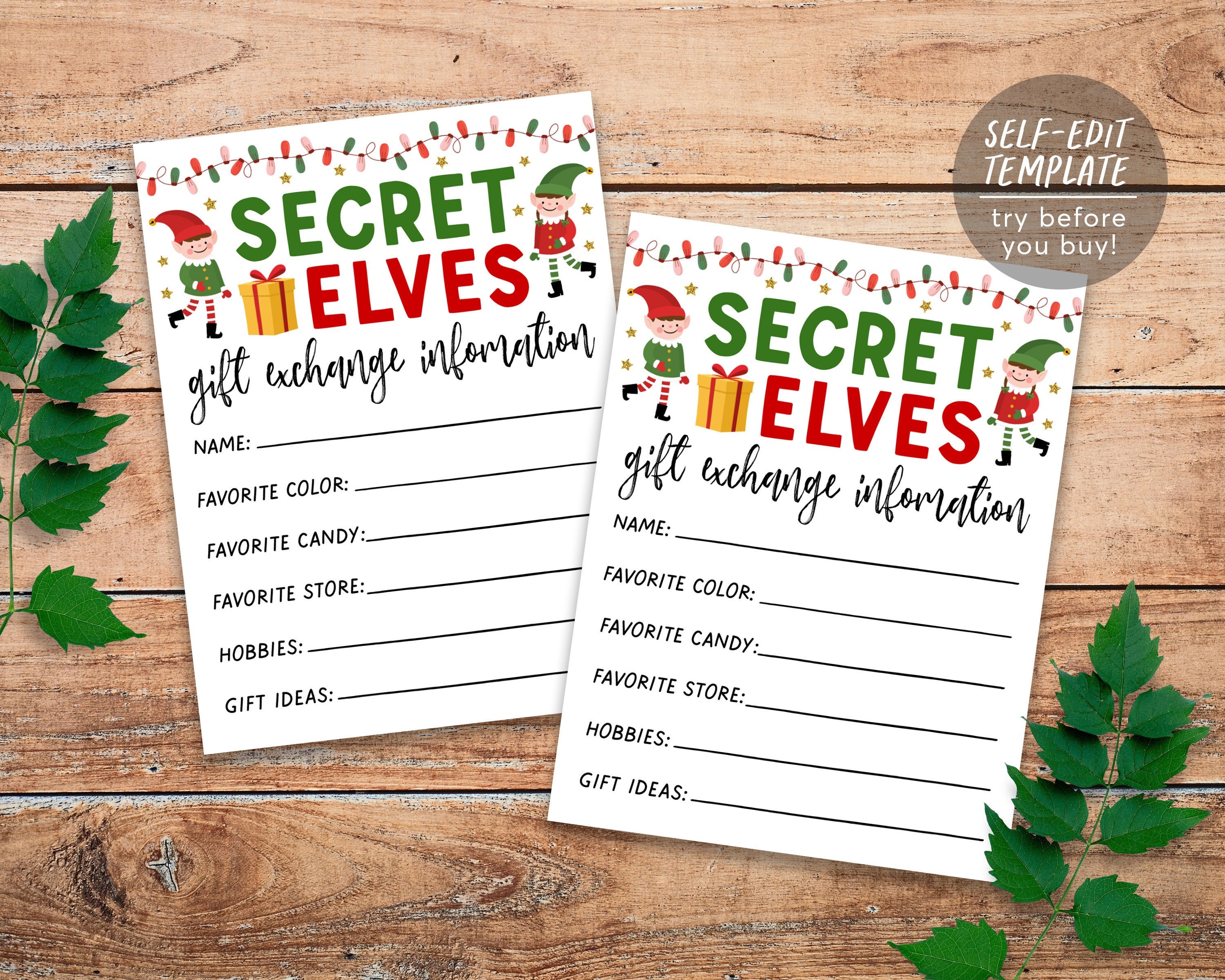 Secret Elves Gift Exchange Cards Editable Template Secret Elf - Etsy