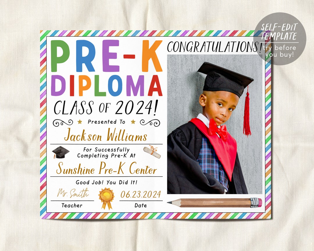 Pre-k Graduation Diploma With Photo Editable Template, Prek ...