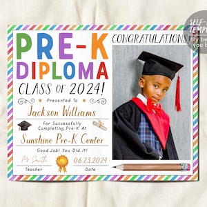 Pre-k Graduation Diploma With Photo Editable Template, Prek ...