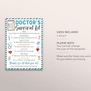 Doctor Survival Kit Gift Tags Editable Template, Doctor Appreciation ...