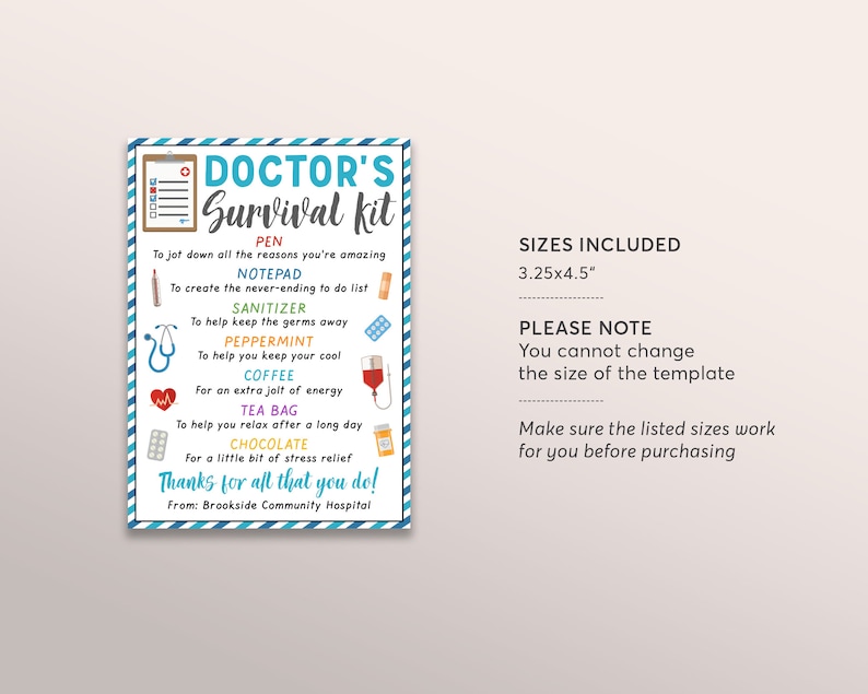 Doctor Survival Kit Gift Tags Editable Template, Doctor Appreciation ...