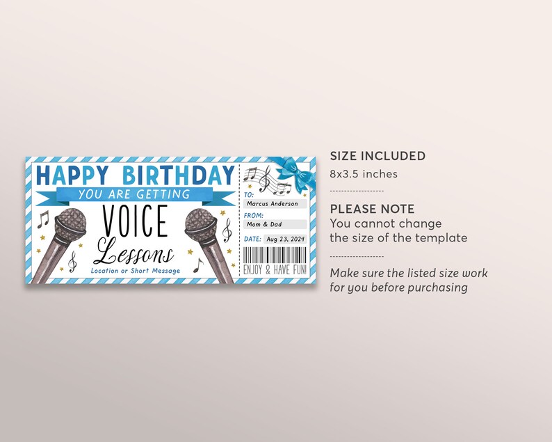 Voice Lessons Gift Certificate Editable Template, Birthday Singing ...