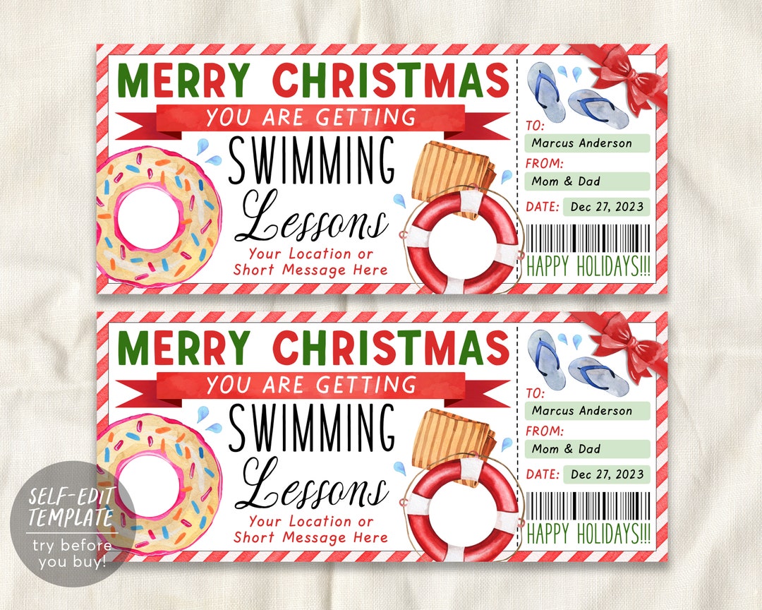 Christmas Swim Lessons Gift Certificate Ticket Editable Template ...