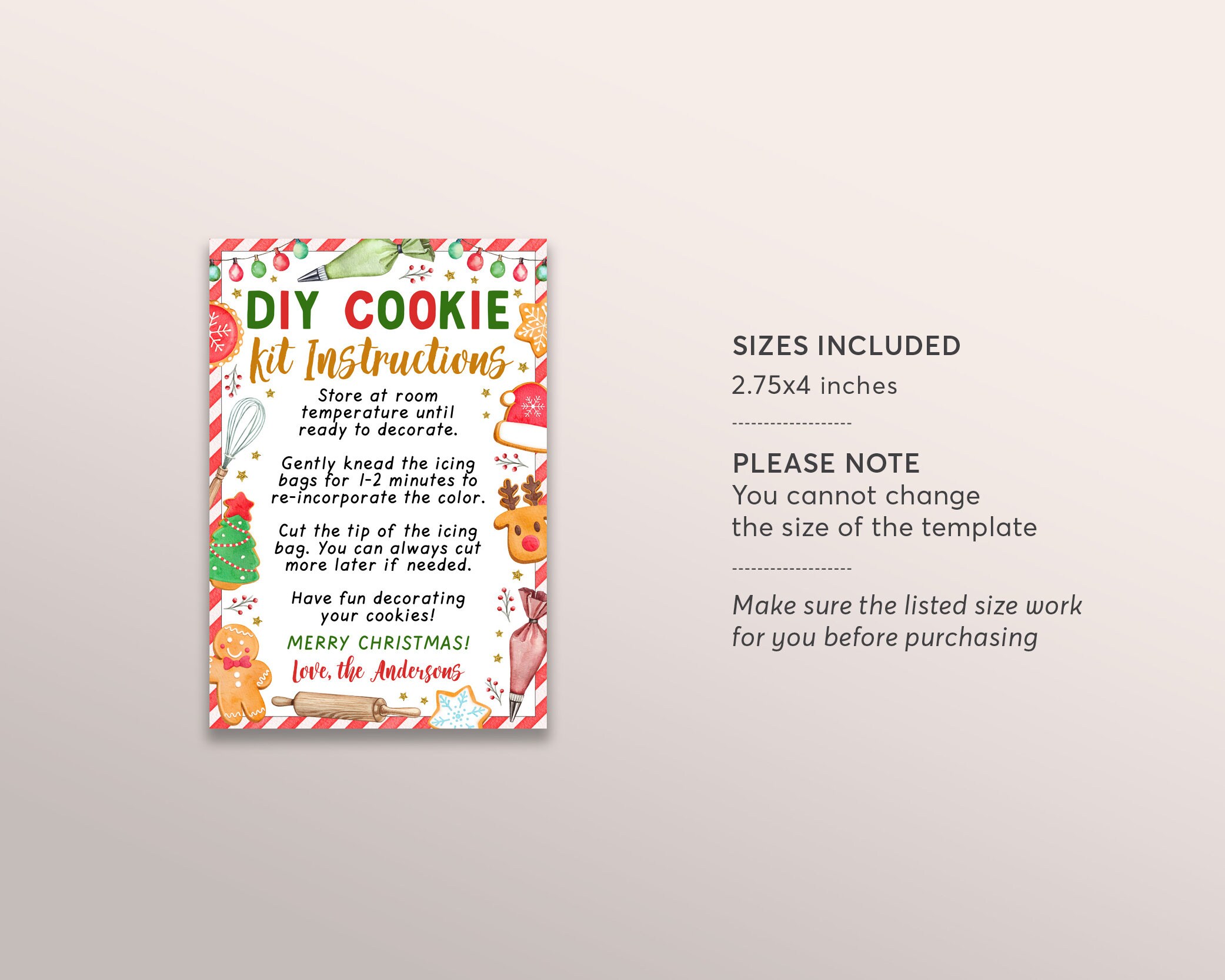 Christmas DIY Cookie Kit Instructions Gift Tag Editable Template ...