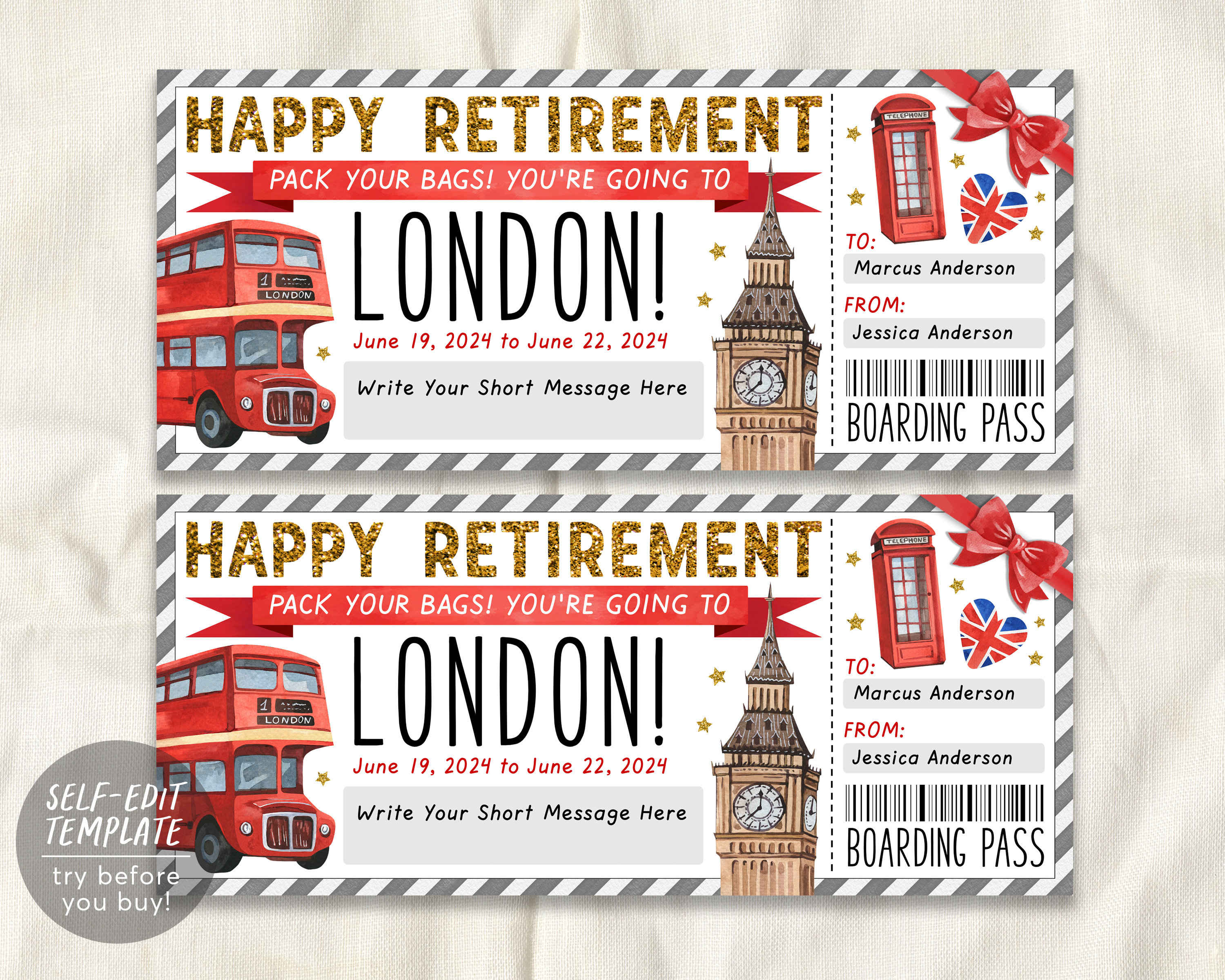 Retirement London Gift Ticket Boarding Pass Editable Template, Surprise ...