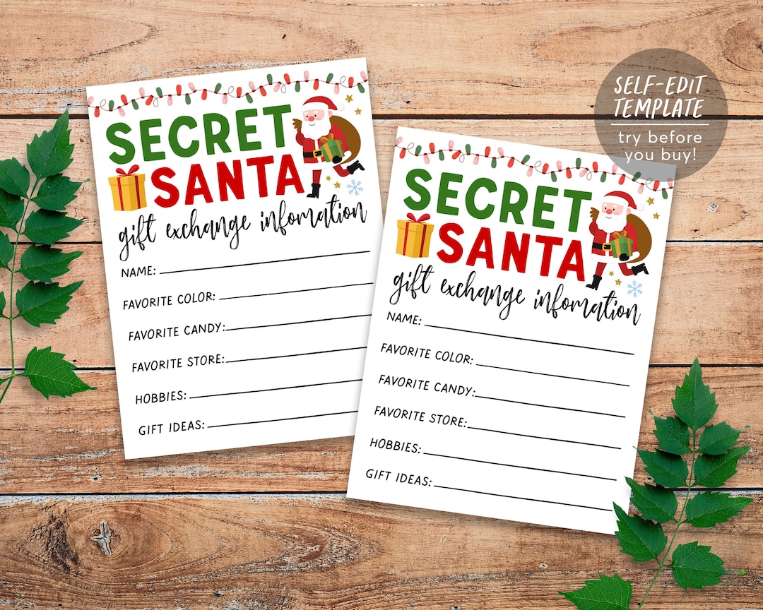 Secret Santa Gift Exchange Cards Editable Template, Holiday Christmas ...