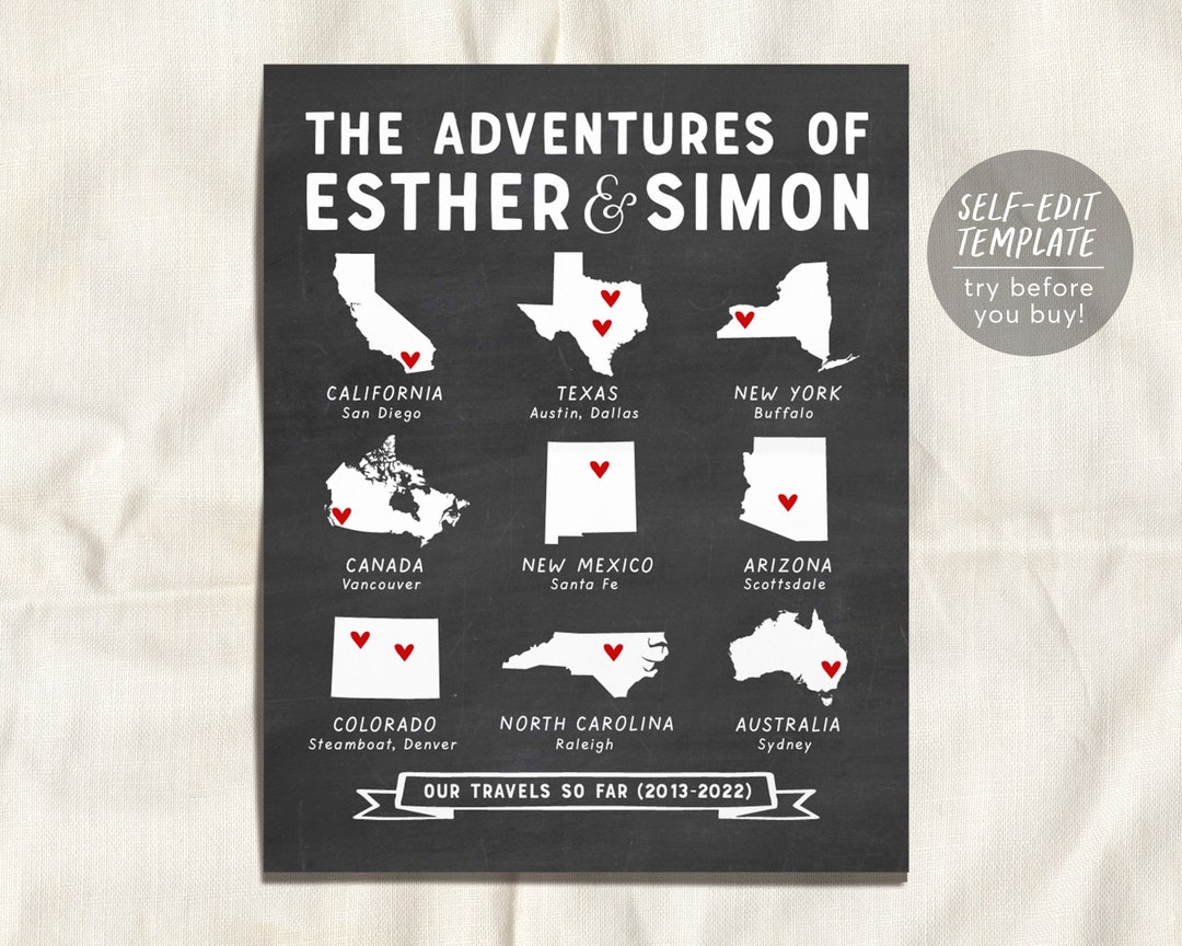 Editable Couples Travel Map Print Template, Custom Anniversary Map ...