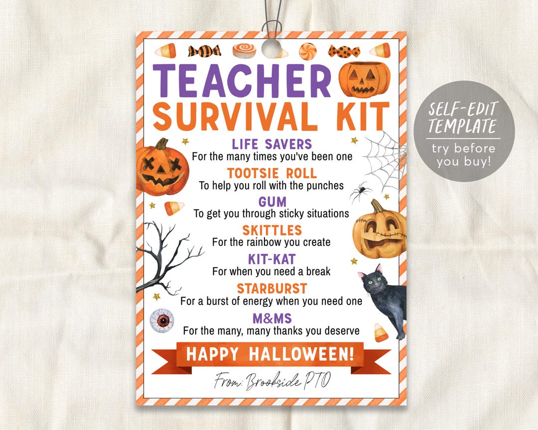 Halloween Teacher Survival Kit Tag Editable Template, Fall Treat Card ...