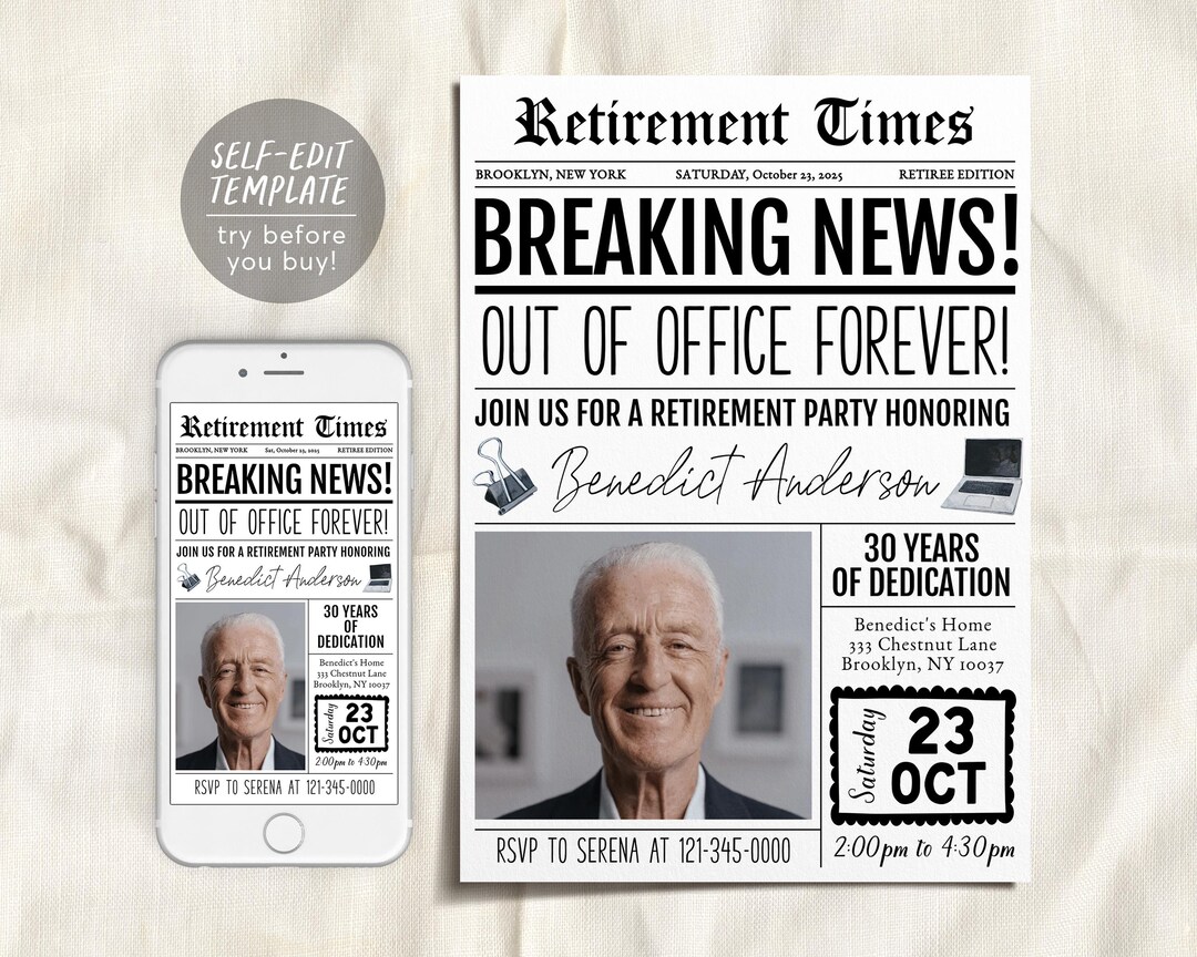 Out of Office Forever Retirement Invitation Editable Template ...