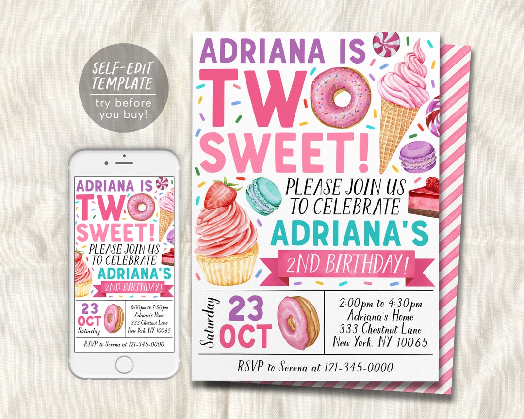 Two Sweet Invitation Editable Template, Girl Donut 2nd Birthday Invite ...