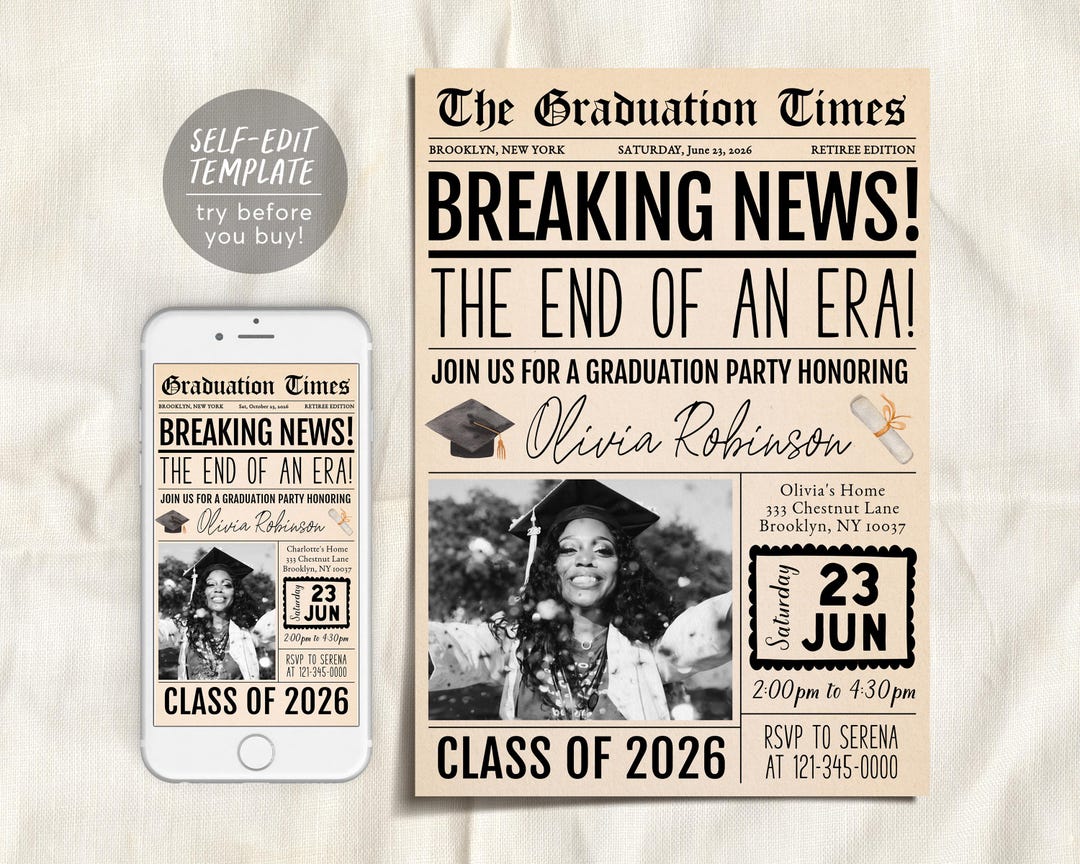 Graduation Vintage Newspaper Invitation Editable Template, Senior ...