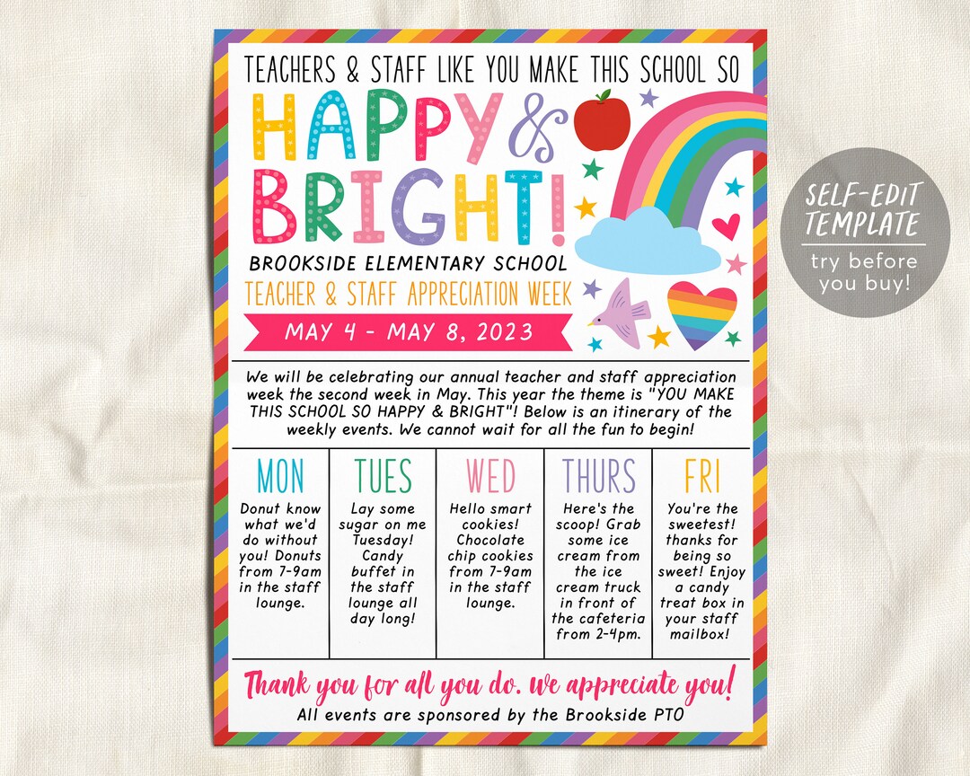 Teacher Staff Appreciation Week Itinerary Flyer Rainbow Theme Editable ...